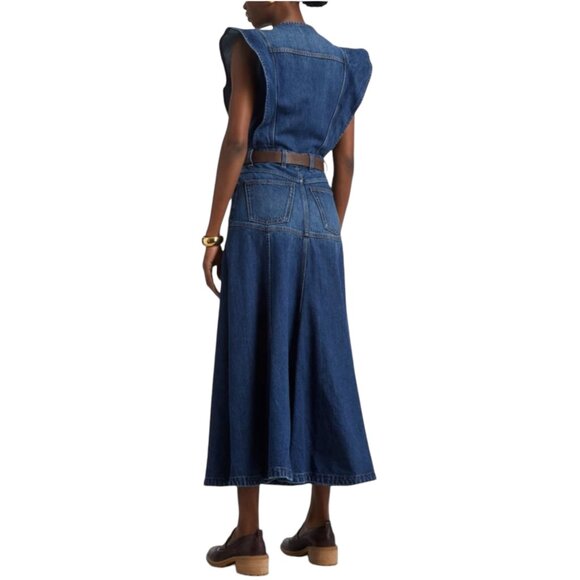 Chloe | Dresses | Chloe Denim Flared Basque Capsleeve Midi Dress Size ...